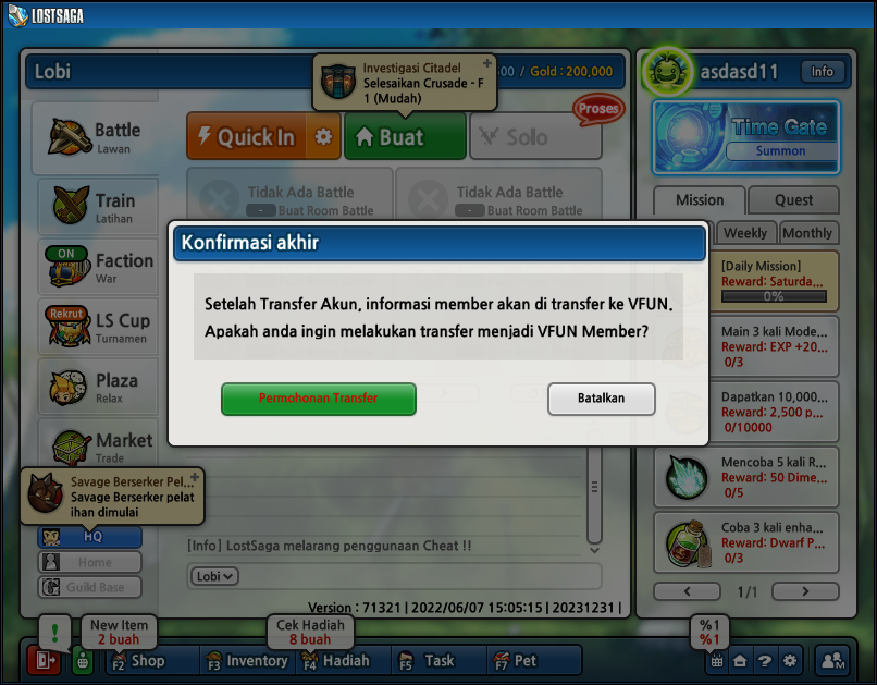 - Klik [ OK ] untuk menutup klien, unduh VFUN Launcher di Situs Web VFUN Lost Saga.